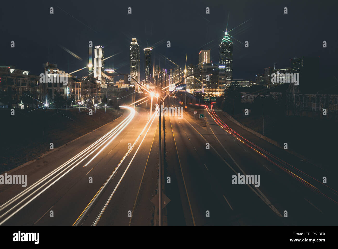 Atlanta downtown modern city night skyline over the interstate, Georgia ...