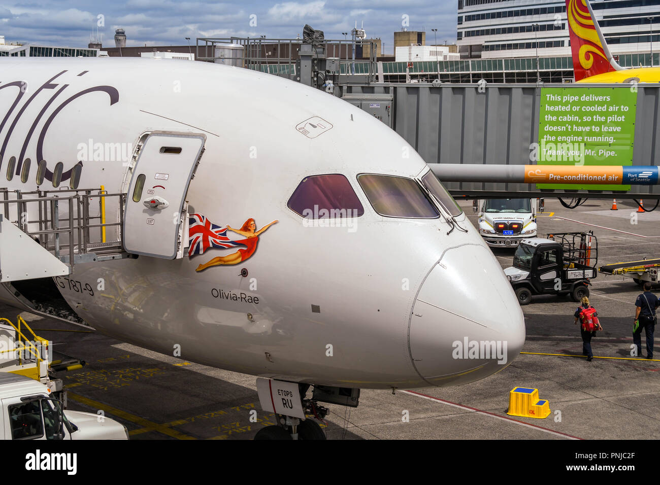 Front of a Virgin Atlantic Boeing 787 Dreamliner at Seattle airport, WA ...