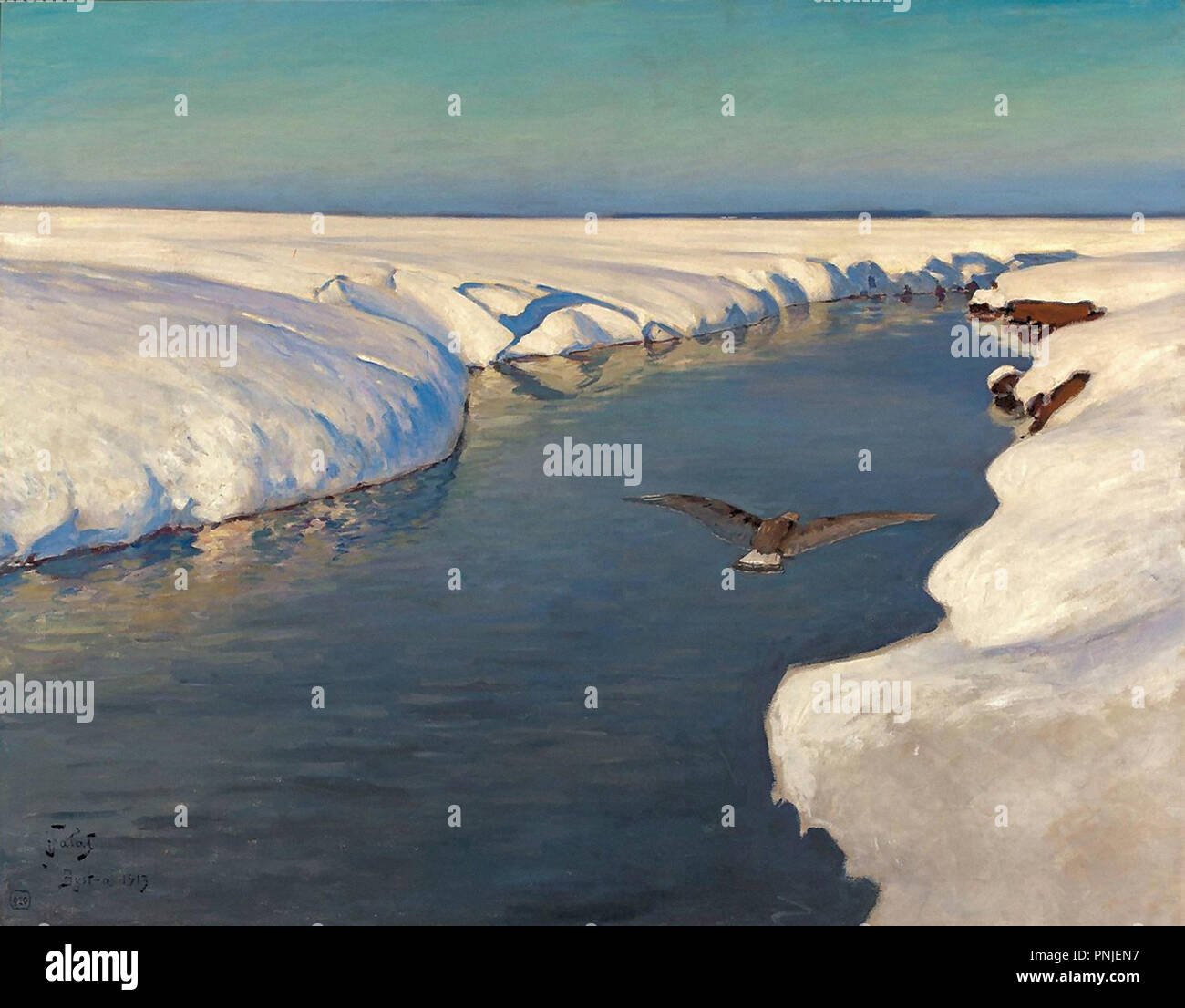 Falat Julian - Winter Landscape with River and Bird Stock Photo - Alamy