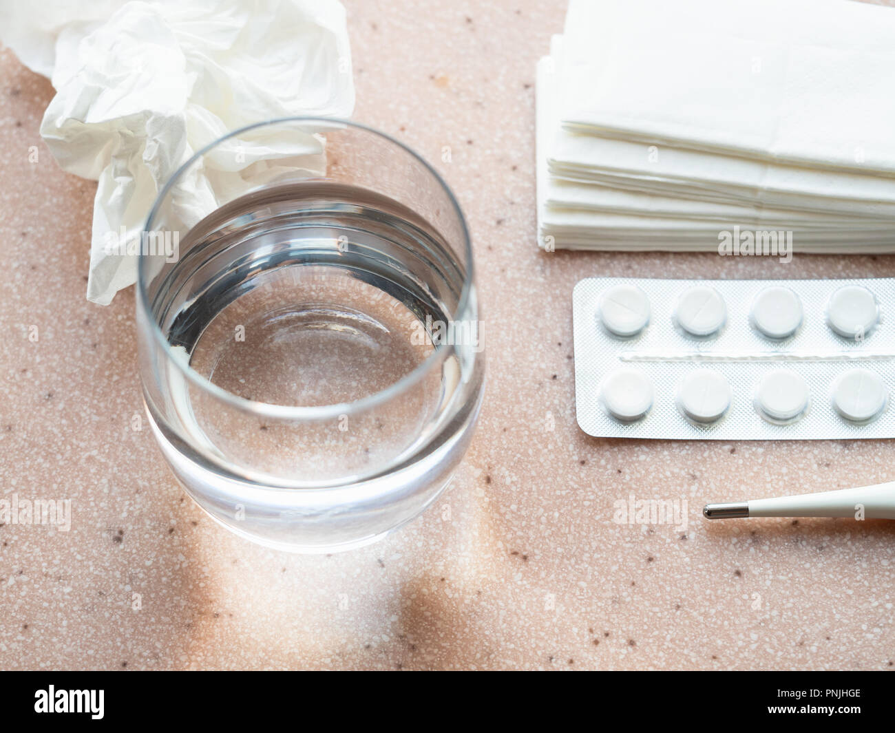 above view of glass of water and set of medical items Stock Photo - Alamy