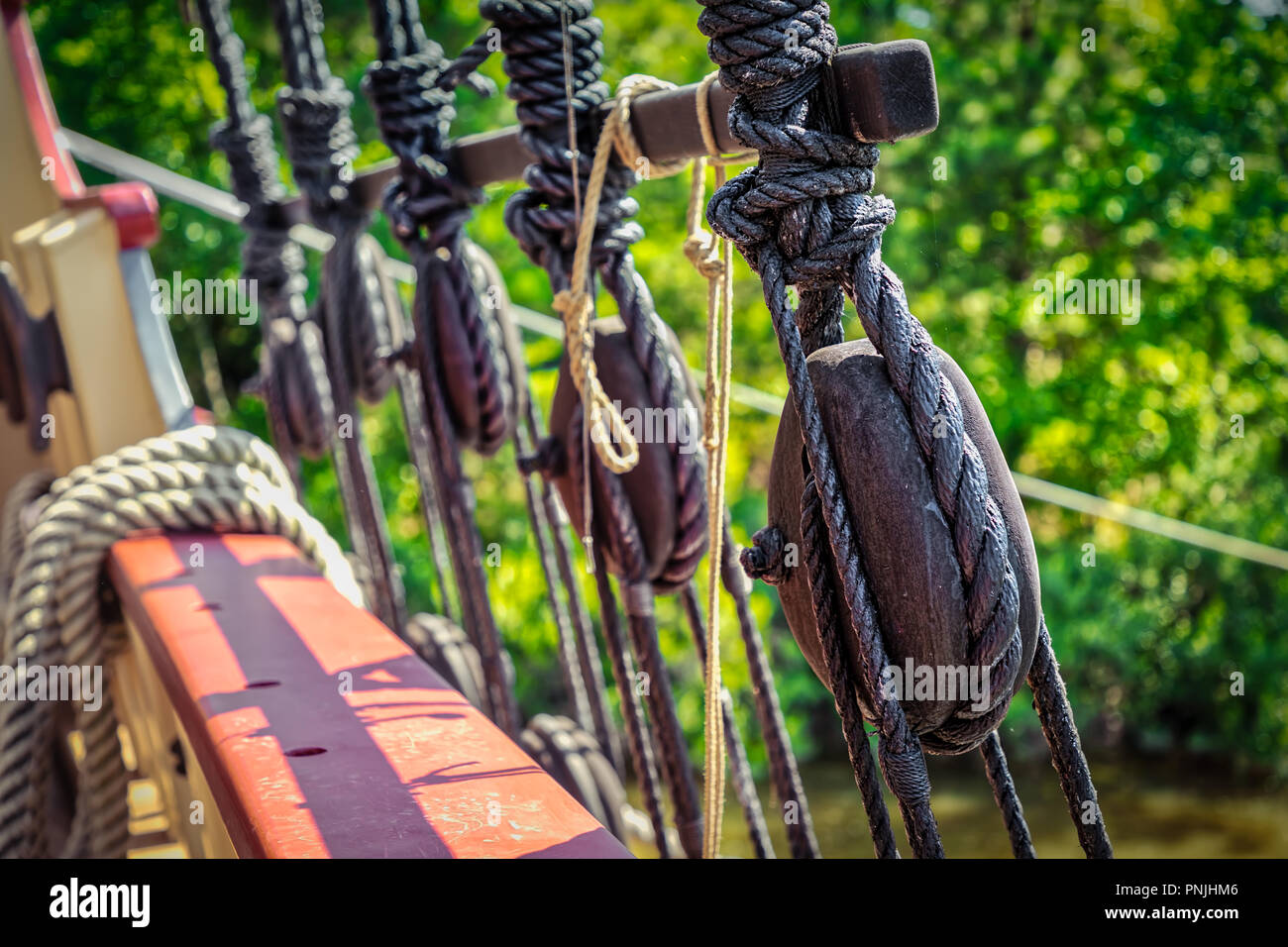 The ropes at the bottom of the rigging of a sailing ship in Virginia ...
