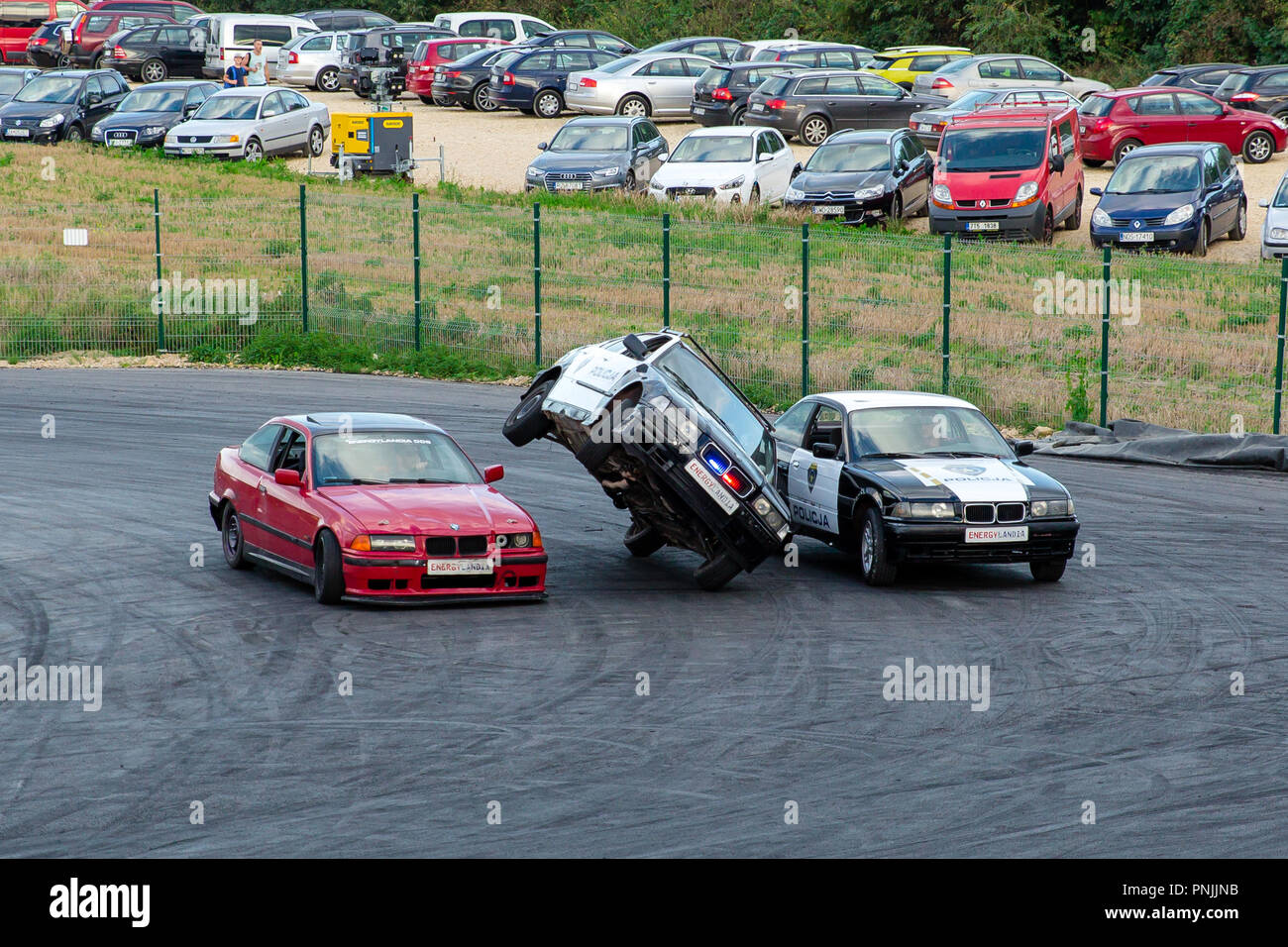 2 wheels driving car stunt show at Energylandia amusement park in ...
