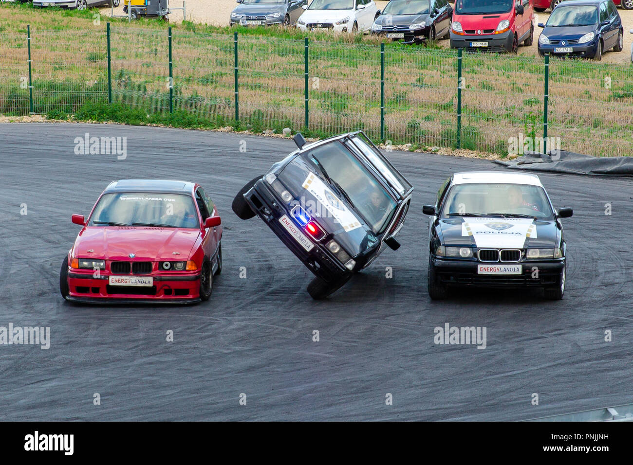 2 wheels driving car stunt show at Energylandia amusement park in ...