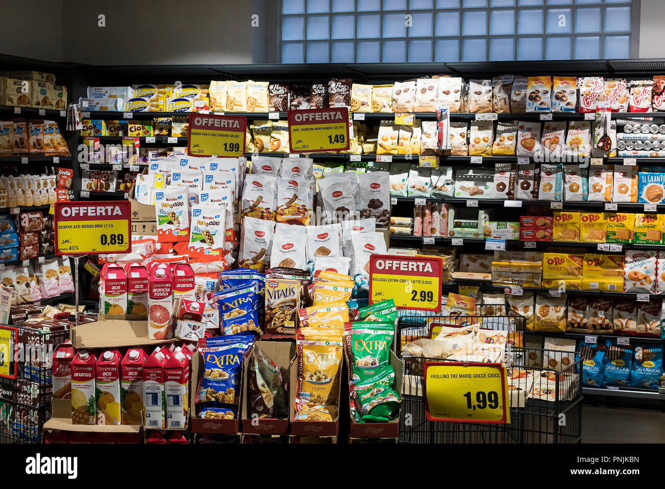 VERONA, ITALY - 4 SEPTEMBER: Shelves and shelving with products of ...