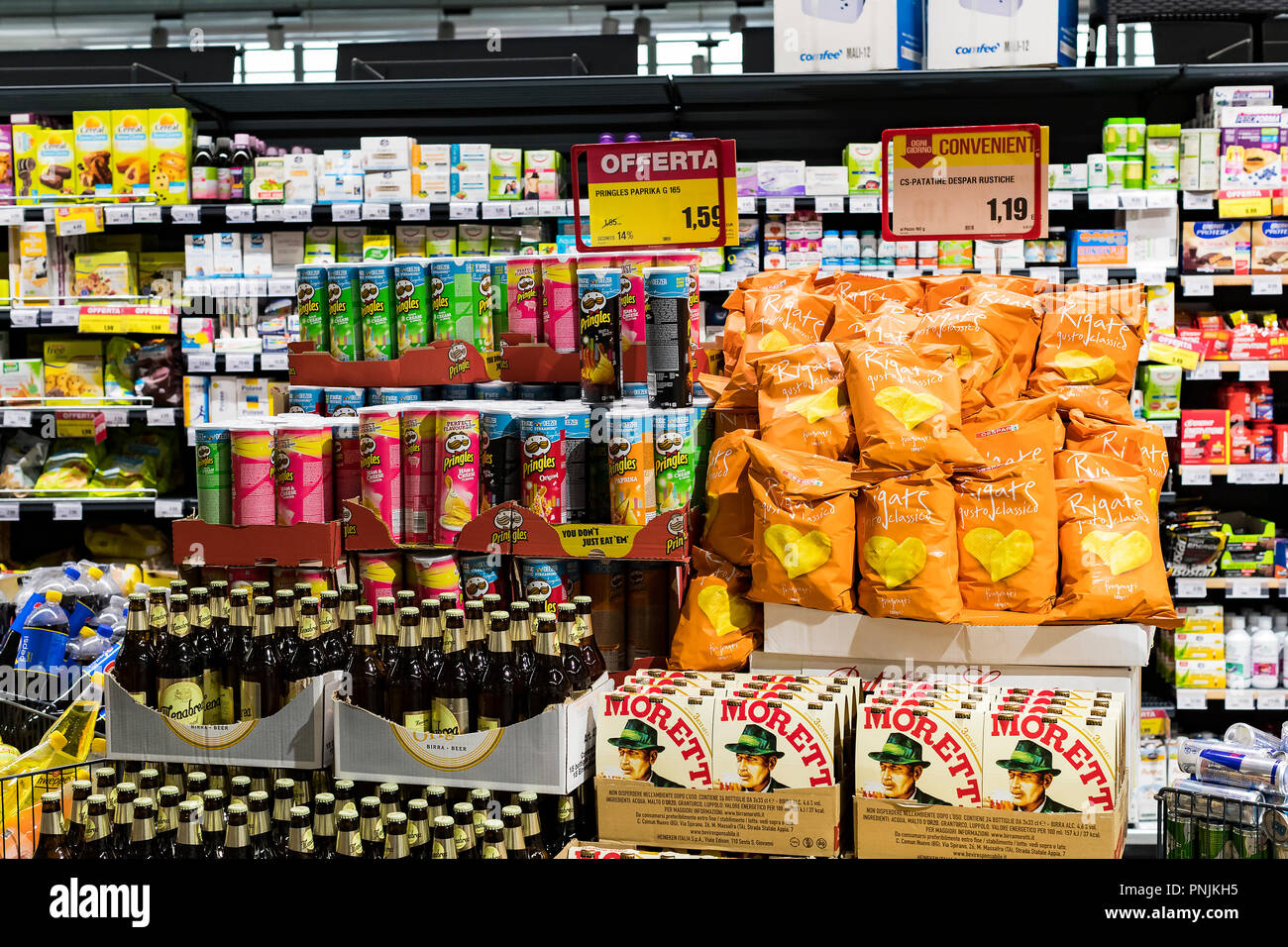 VERONA, ITALY - 4 SEPTEMBER: Shelves and shelving with products of ...