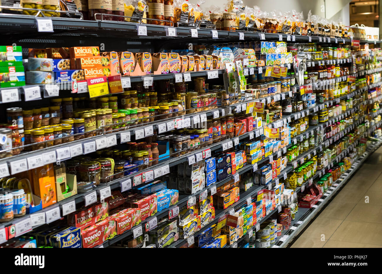 VERONA, ITALY - 4 SEPTEMBER: Shelves and shelving with products of ...
