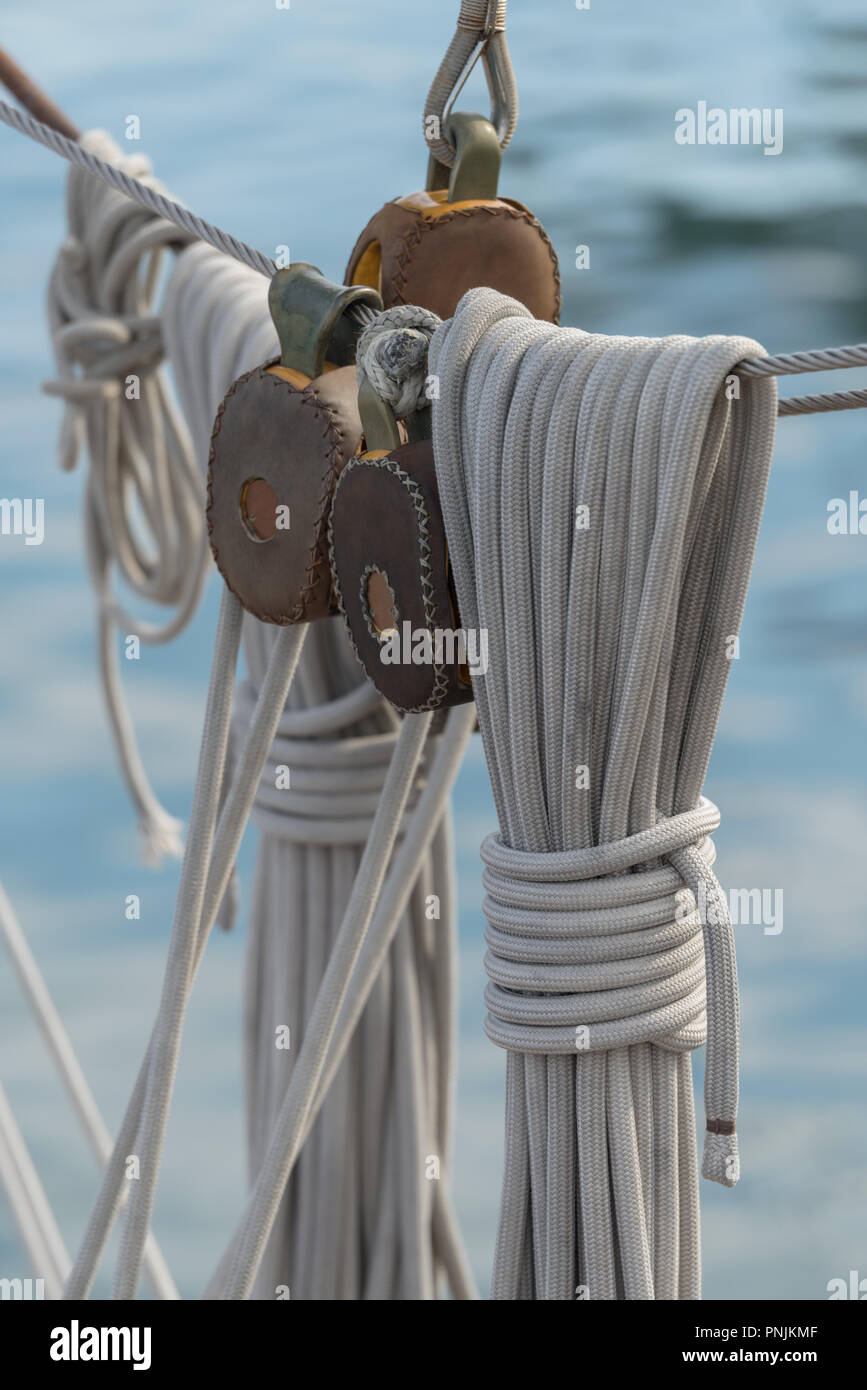 Closeup of pulley and rope on old sailing ship Stock Photo - Alamy