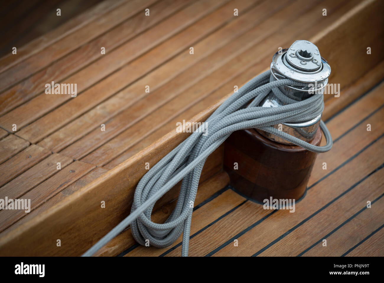 Nautical details on boat deck with ropes and marine tools Stock Photo ...