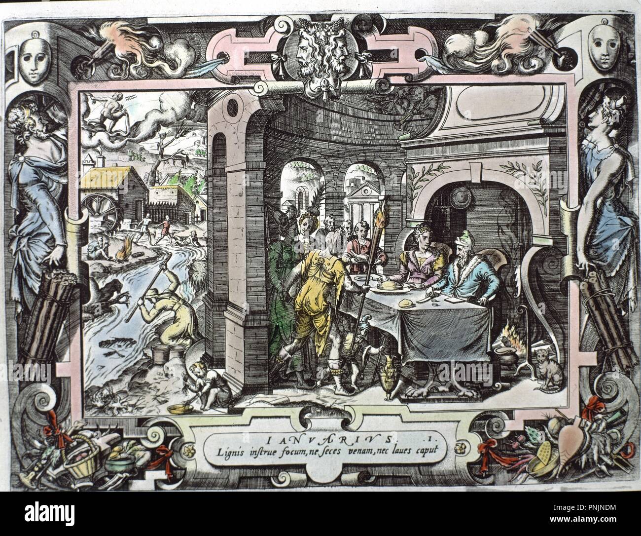 CALENDARIO - EL MES DE ENERO - GRABADO SIGLO XVI. Author: JODE, GERARD ...