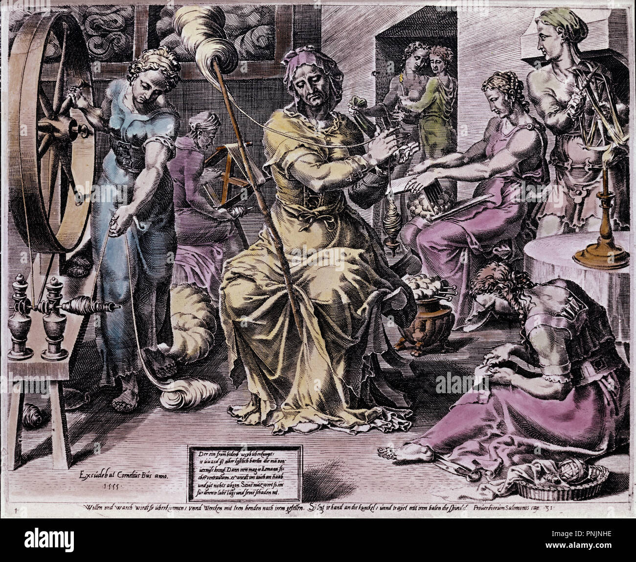 EL TRABAJO DEL HUSO Y LA RUECA - GRABADO 1555. Author: BUS CORNELIUS ...