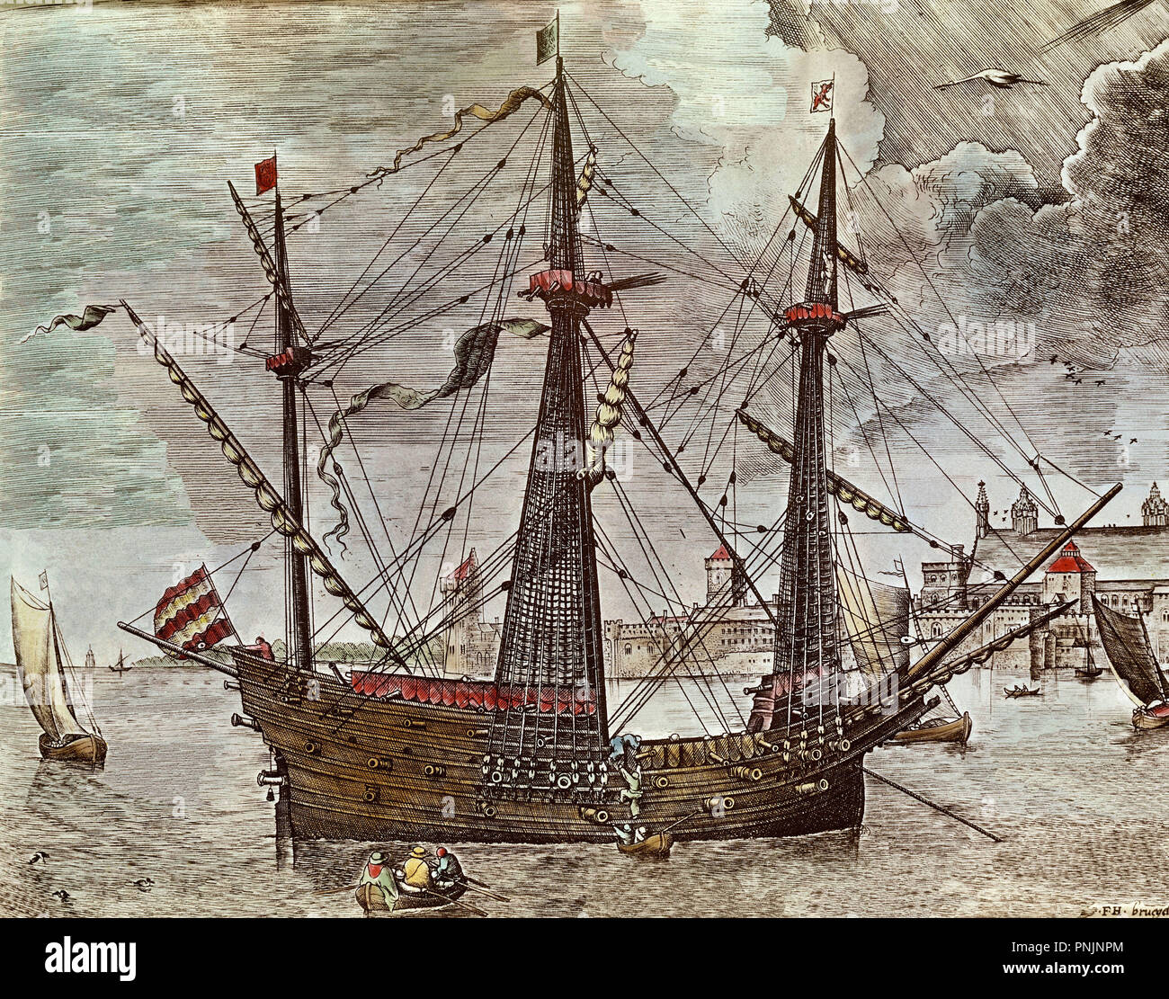 Anchored warship. Engraving. 16th century. Madrid, National Library ...