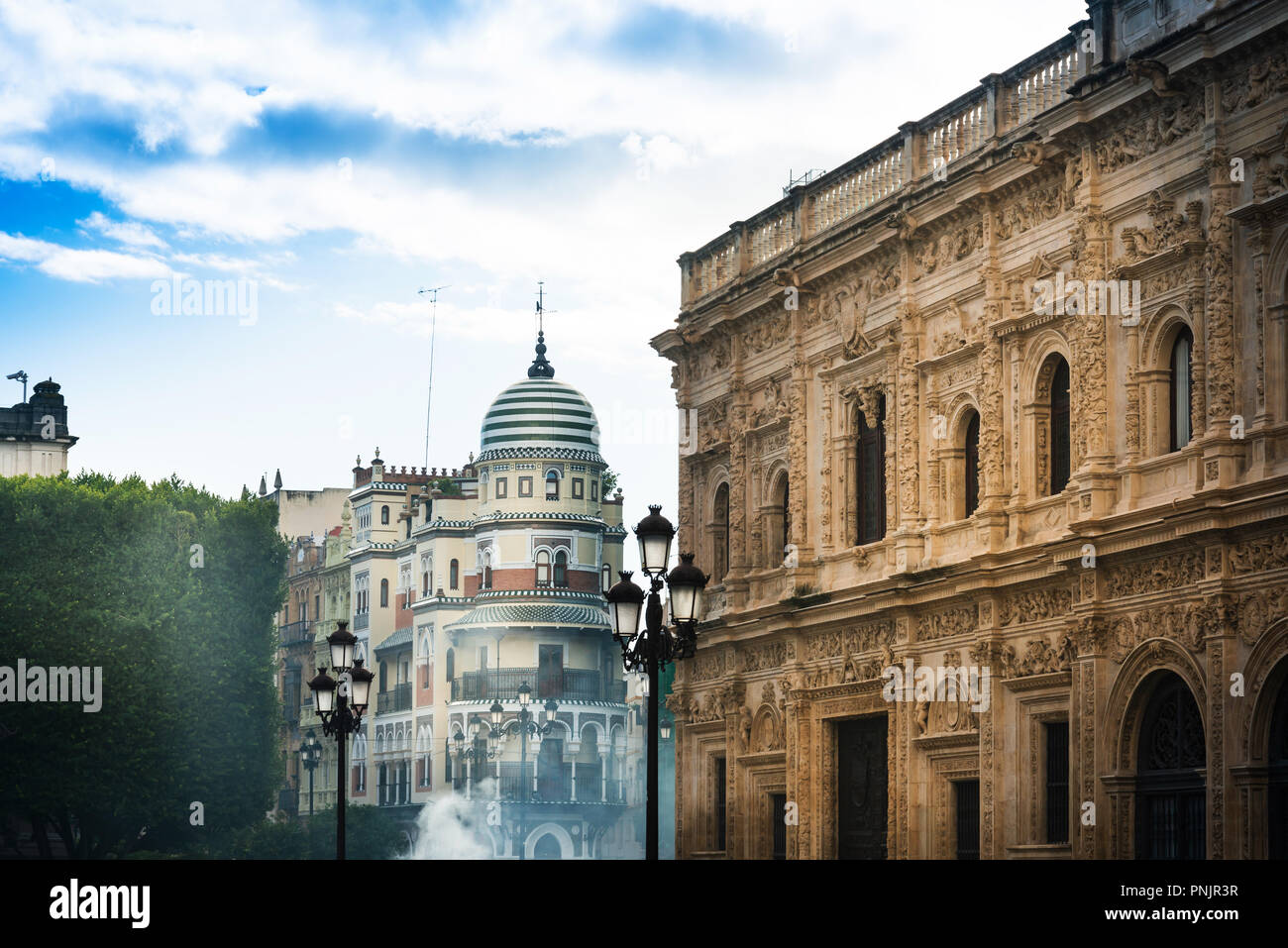 Street view of downtown in Sevilla city, Spain Stock Photo - Alamy