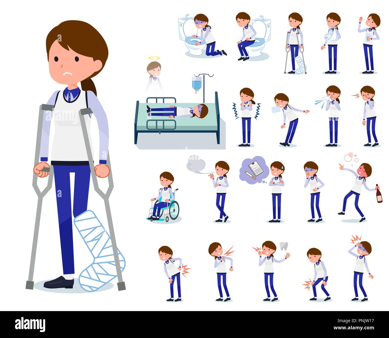 A set of women with injury and illness.There are actions that express ...