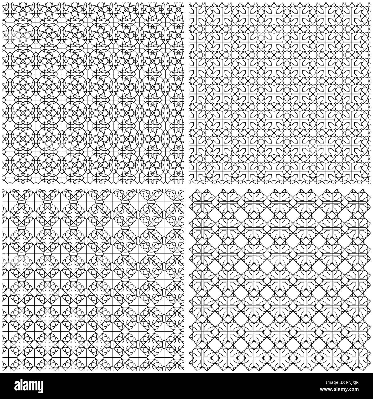 Four abstract seamless mesh patterns with interlacing black lines on ...