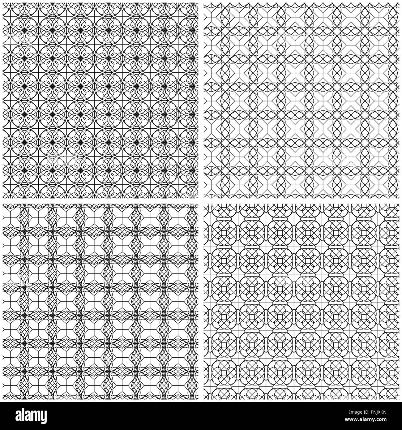 Set of four abstract seamless mesh patterns with interlacing black ...