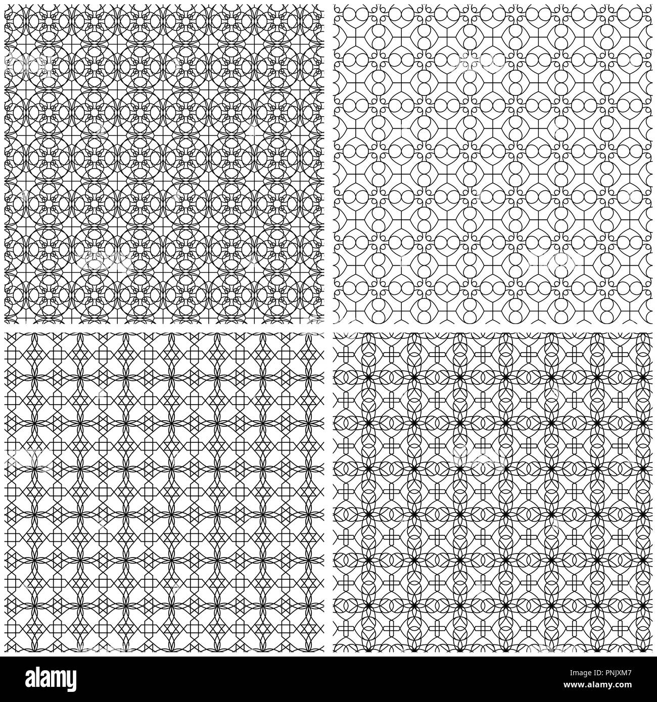 Set of four abstract seamless grids with interlacing black lines on the ...
