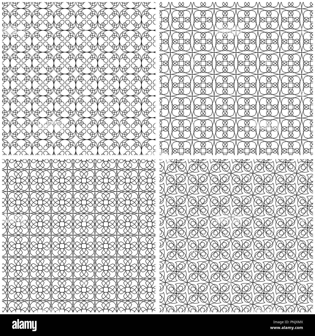 Four abstract seamless grids with interlacing black lines on the white ...