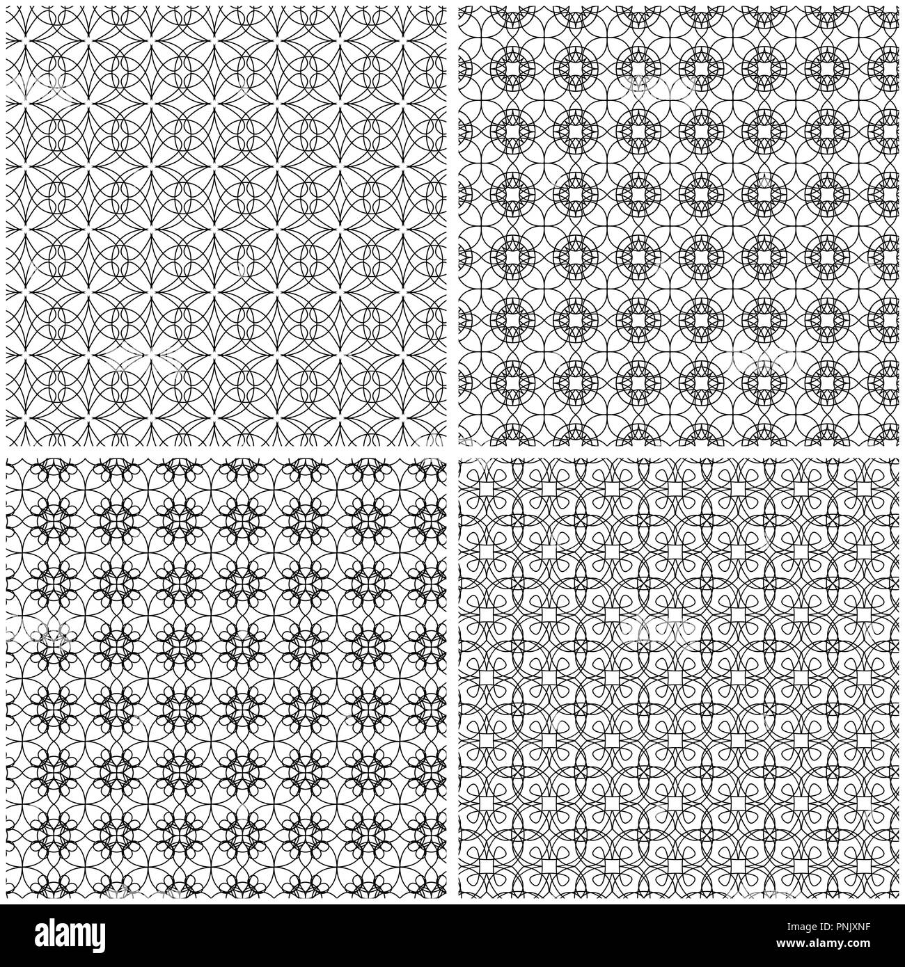 Set of four abstract mesh seamless patterns with curly black lines on ...