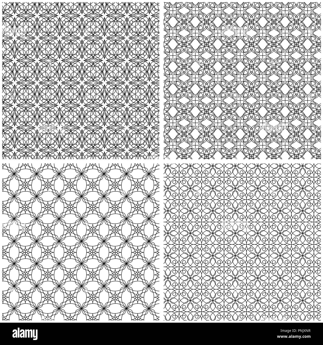 Four abstract seamless grids with interlacing black lines on the white ...