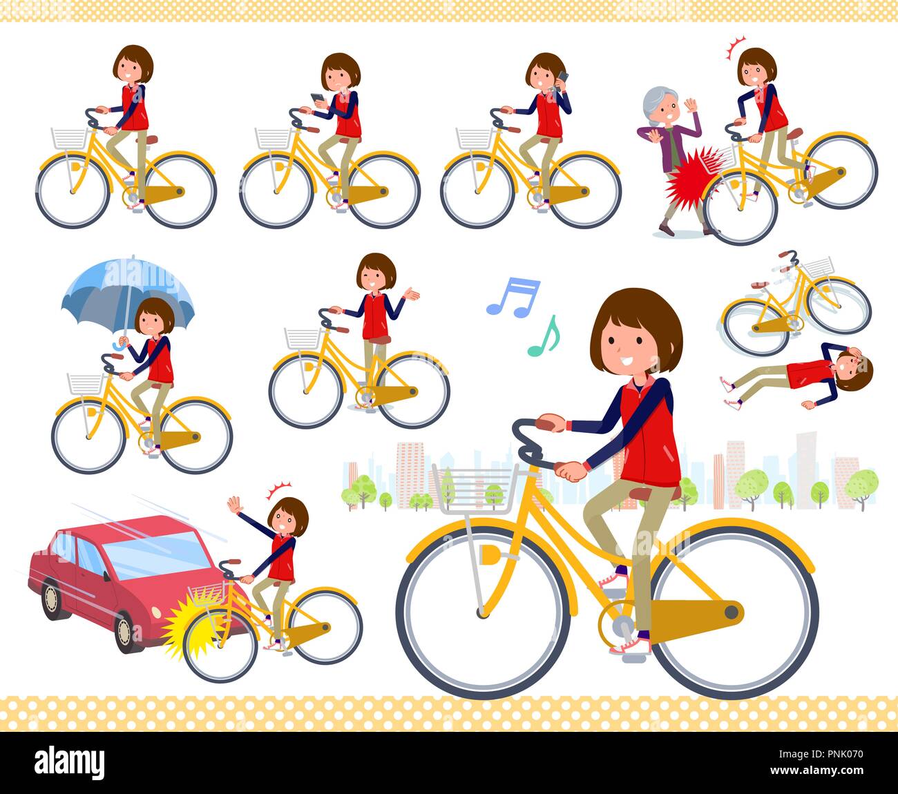 A set of women riding a city cycle.There are actions on manners and ...