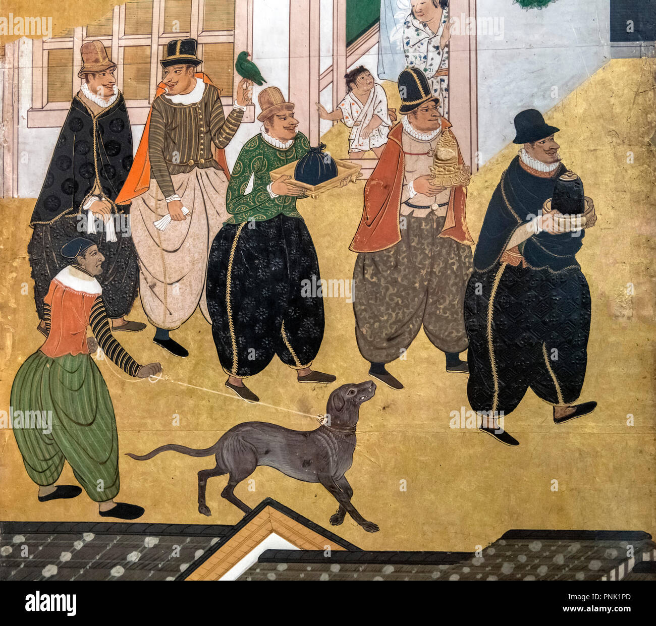 Japanese Namban screen attributed to Kano Domi, (wood, paper, gold leaf ...