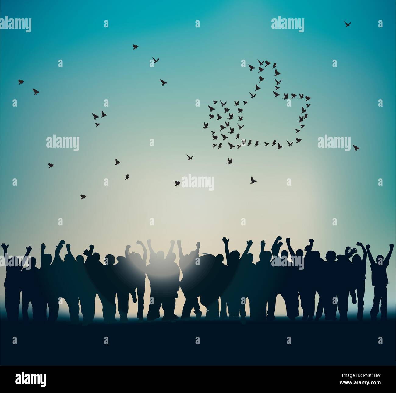 Like icon of flying birds in sky and group happy people. Color vector ...