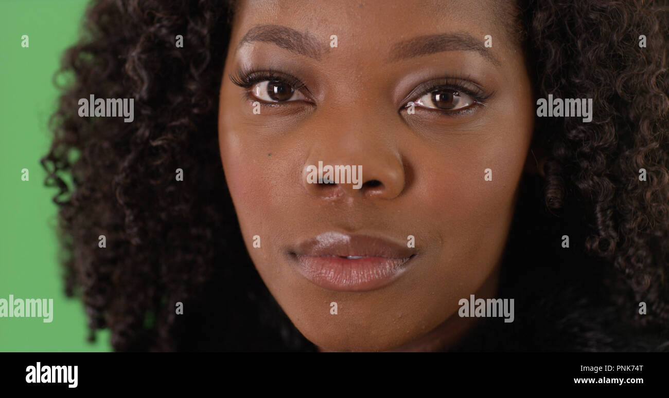 Close up of lovely black female gazing at camera on green screen Stock ...
