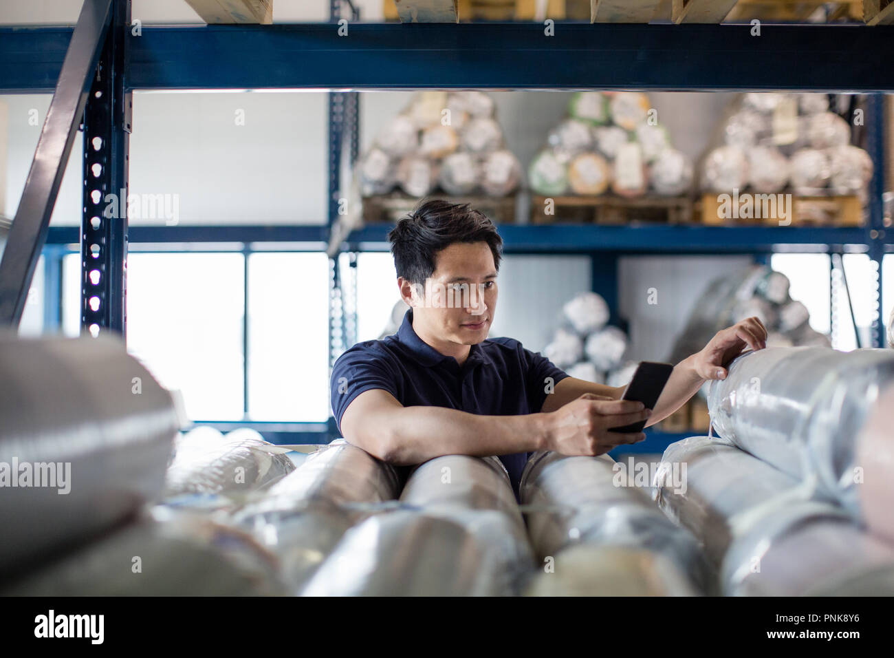 Male scanning item in distribution warehouse Stock Photo - Alamy