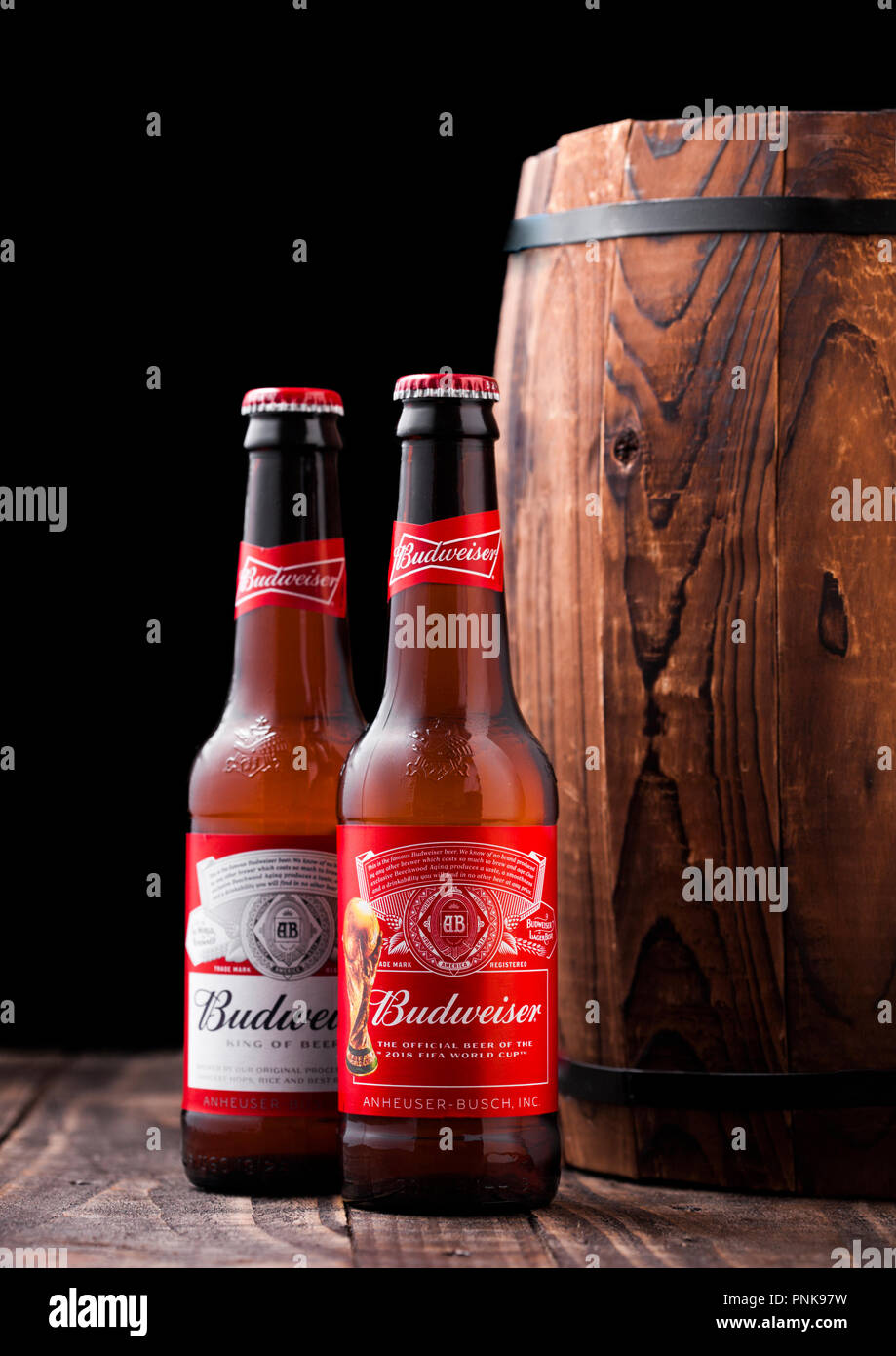 LONDON, UK - APRIL 27, 2018: Glass bottles of Budweiser original beer ...