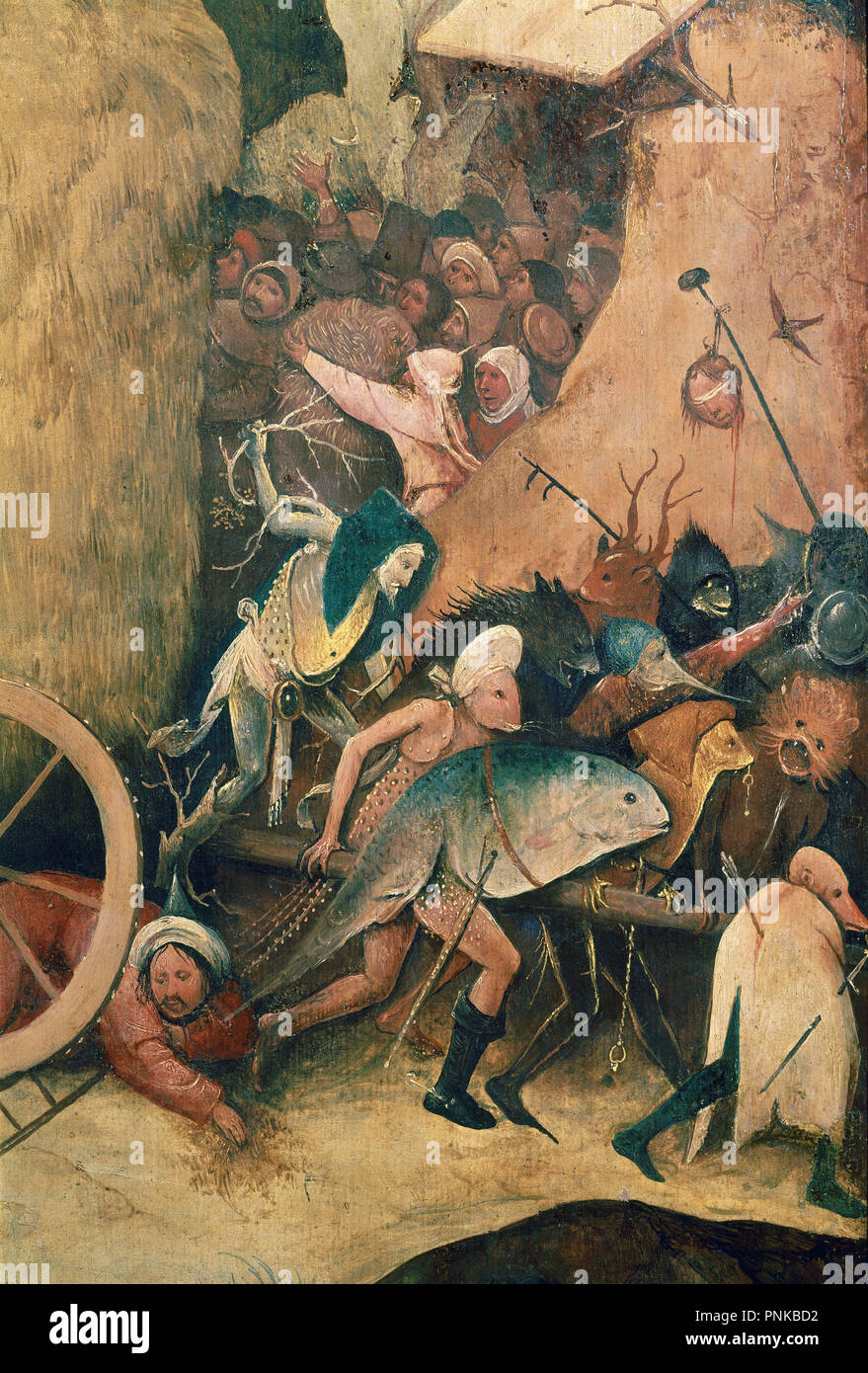 Dutch school. Detail of the Haywain (central panel): monsters and people trying to climb up ...