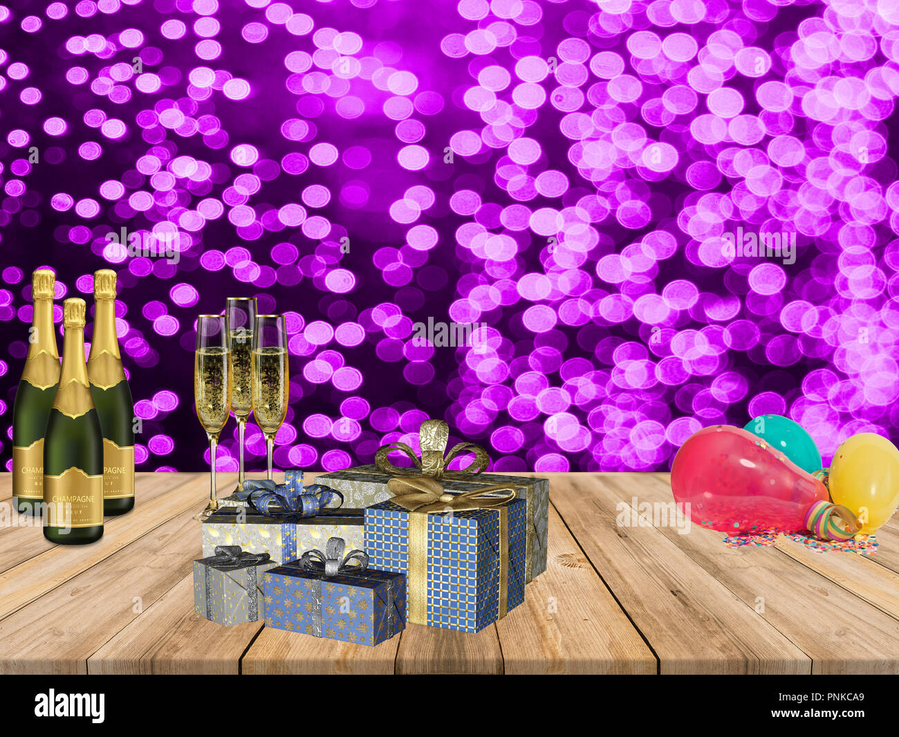 Happy new year party table with champagne presents balloons and a ...