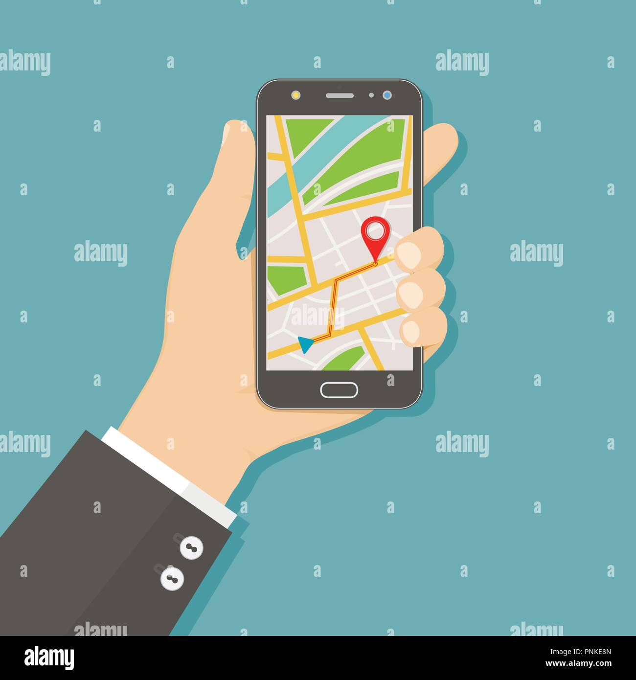 Hand holding smartphone with gps navigation map on screen. Mobile navigation concept. Flat ...