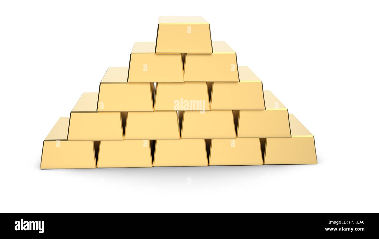 Gold bars pyramid 3D rendering isolated on white background Stock Photo - Alamy