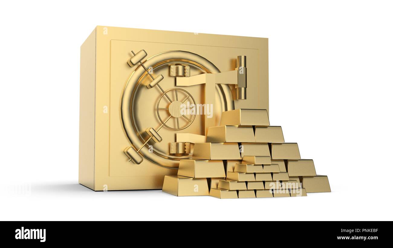 Security golden safe with gold bars pyramid 3D rendering isolated on ...
