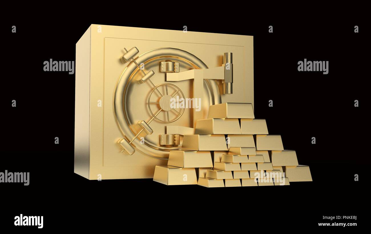 Security golden safe with gold bars pyramid 3D rendering Isolated on a ...