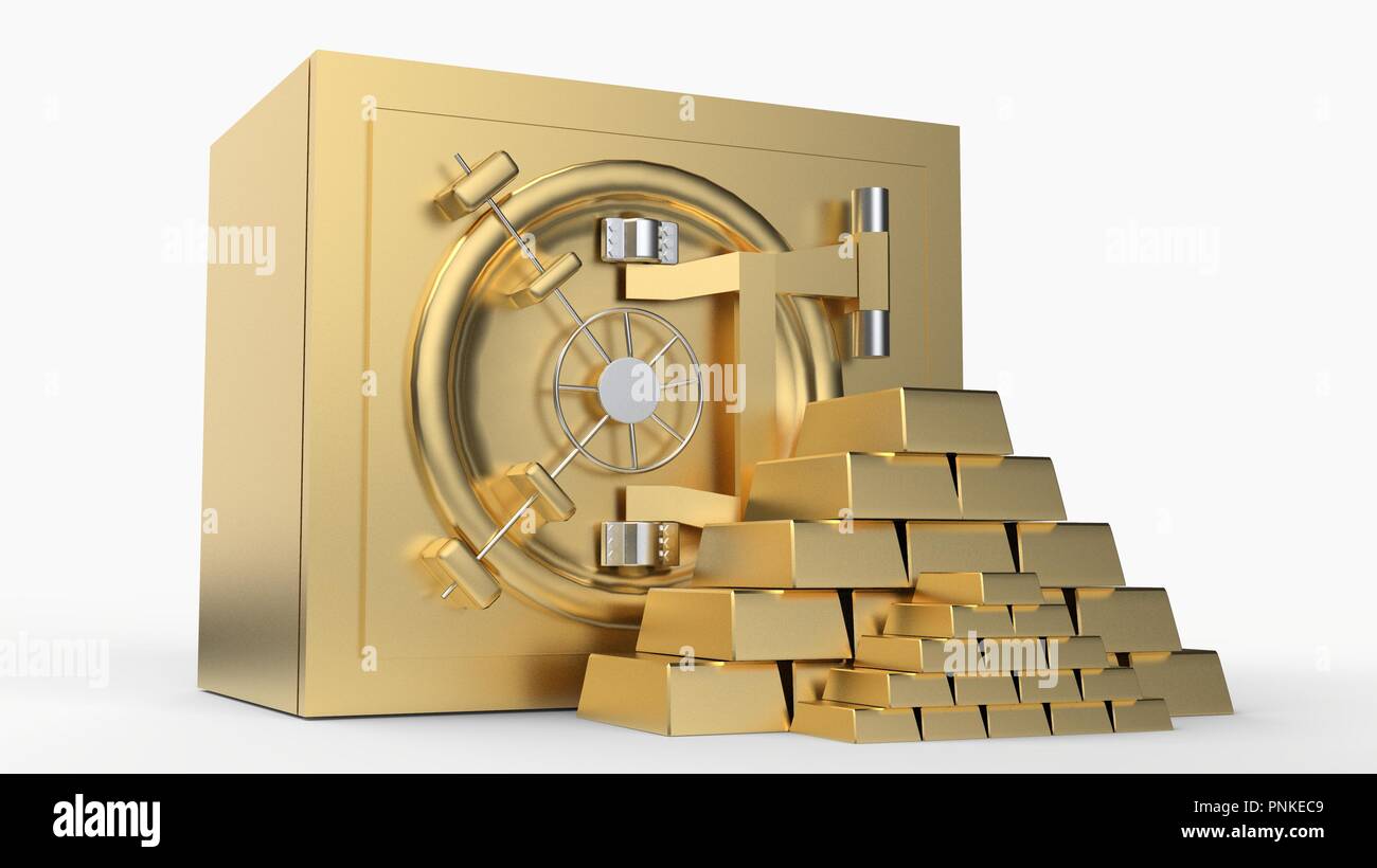 Security golden safe with gold bars pyramid 3D rendering isolated on ...