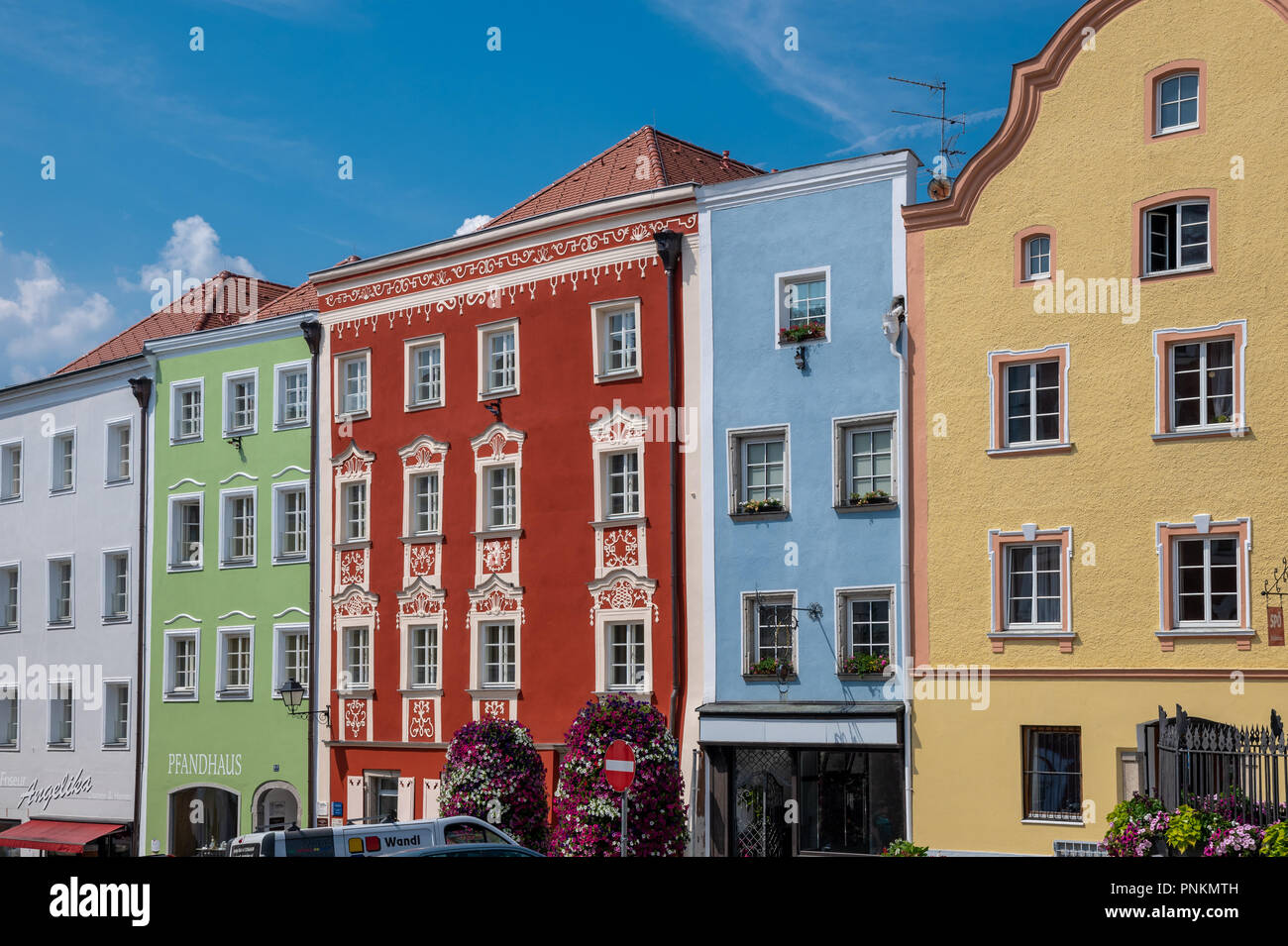 Colorful Baroque buildings in Scharding, Austria Stock Photo - Alamy