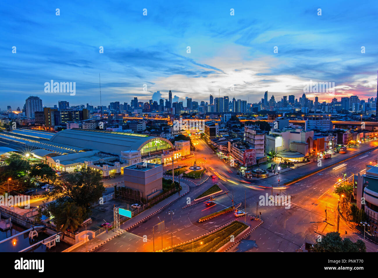 High view of city with traffic car in sunrise time / Good morning ...