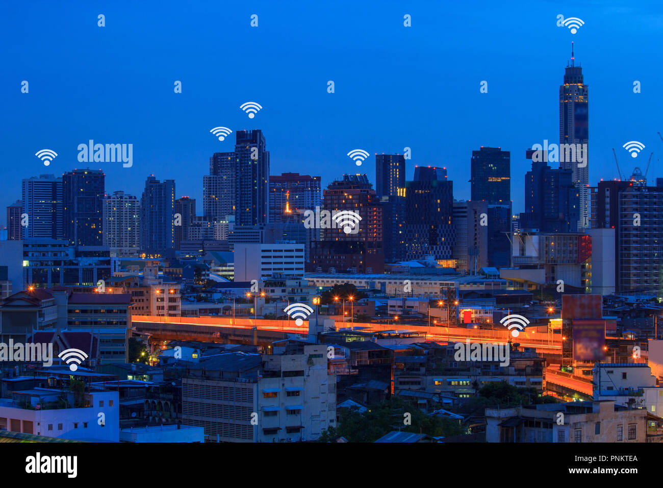 wifi in city / wifi sign and high building in the city Stock Photo - Alamy