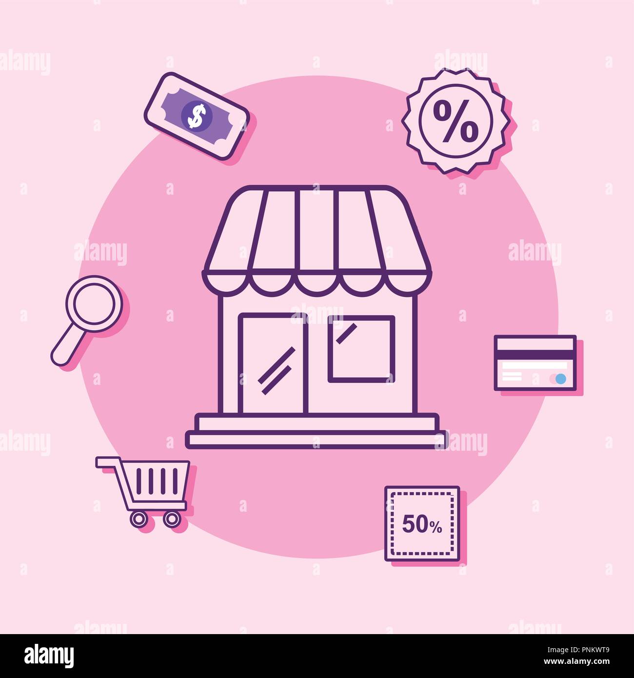 shopping design with store and related icons over pink background ...