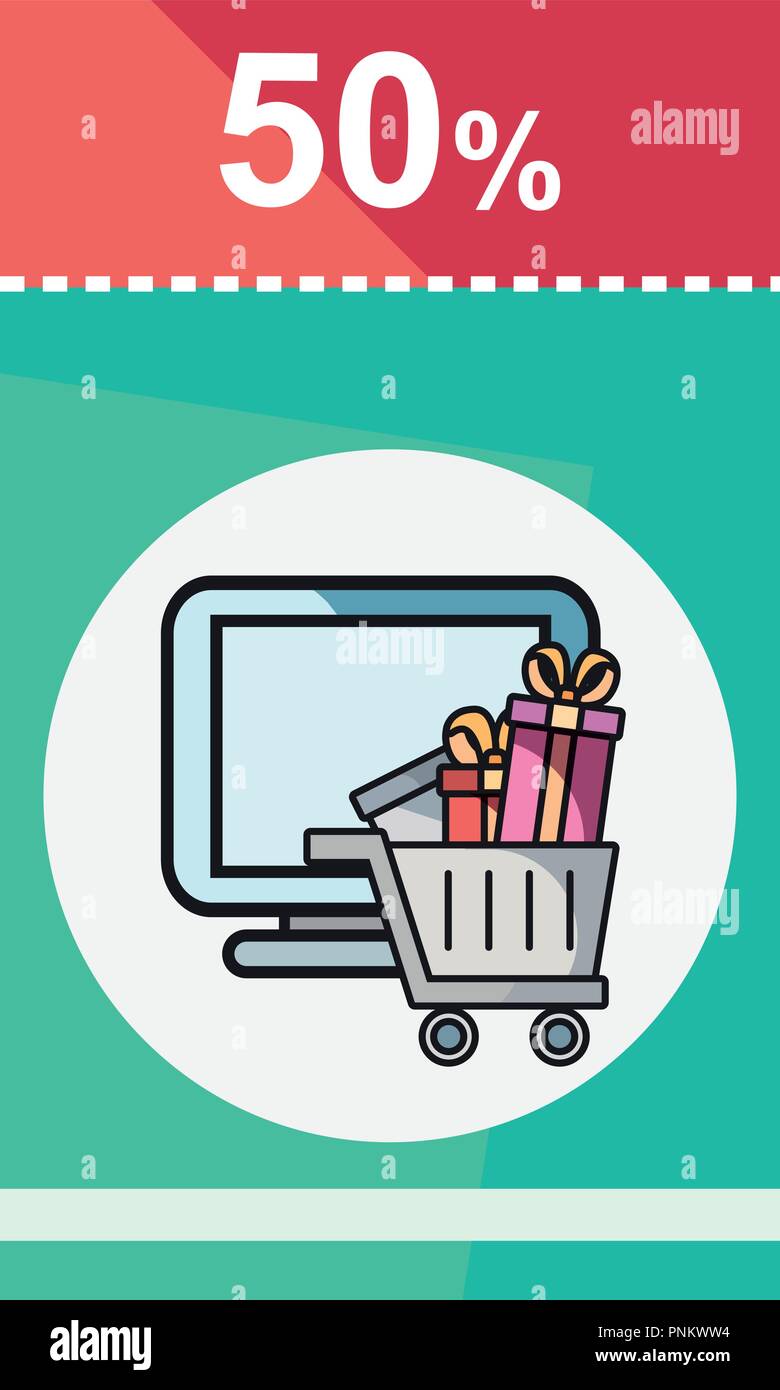 shopping online coupon design with computer over green background ...