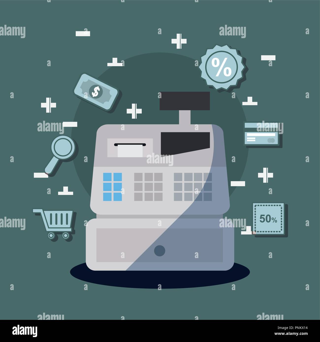 cash register and shopping related icons over green background ...