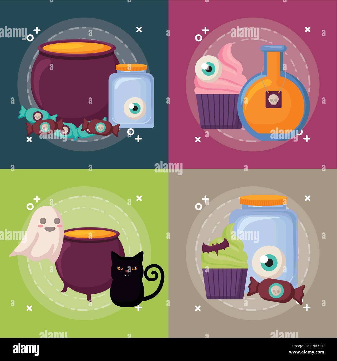 halloween celebration icon set over colorful squares, vector ...