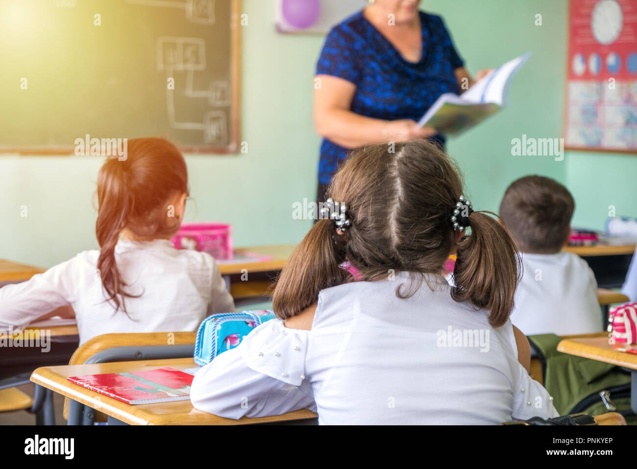 group of school kids sitting and listening to teacher in classroom from ...