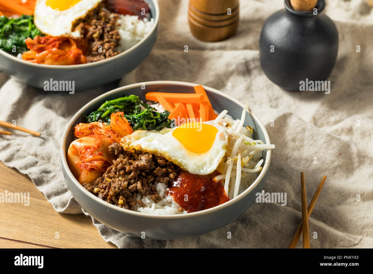 Spicy Homemade Korean Bibimbap Rice with Egg and Beef Stock Photo - Alamy
