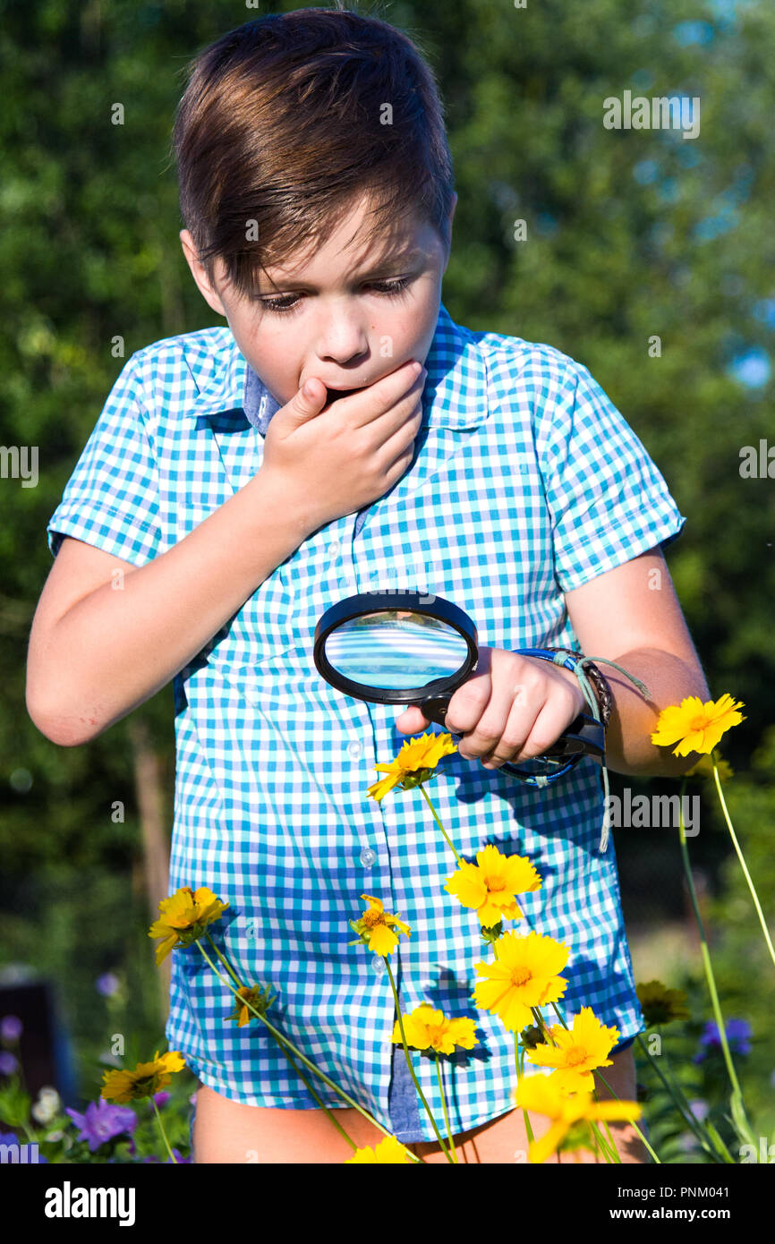 Shocked boy with magnifying glass in summer Stock Photo - Alamy