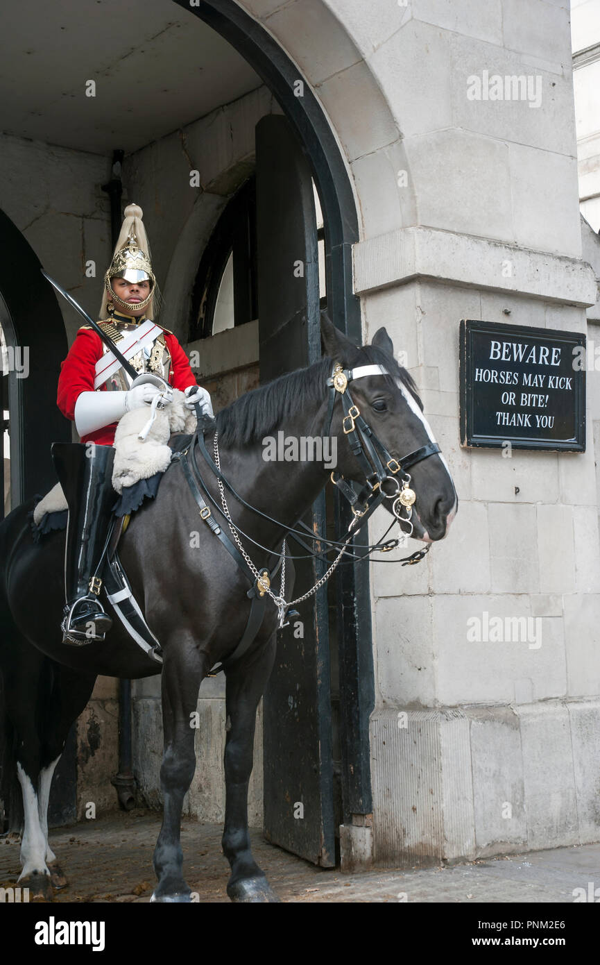 Life Guard Sentry mounted on horse outside Horse Guards Parade, London ...