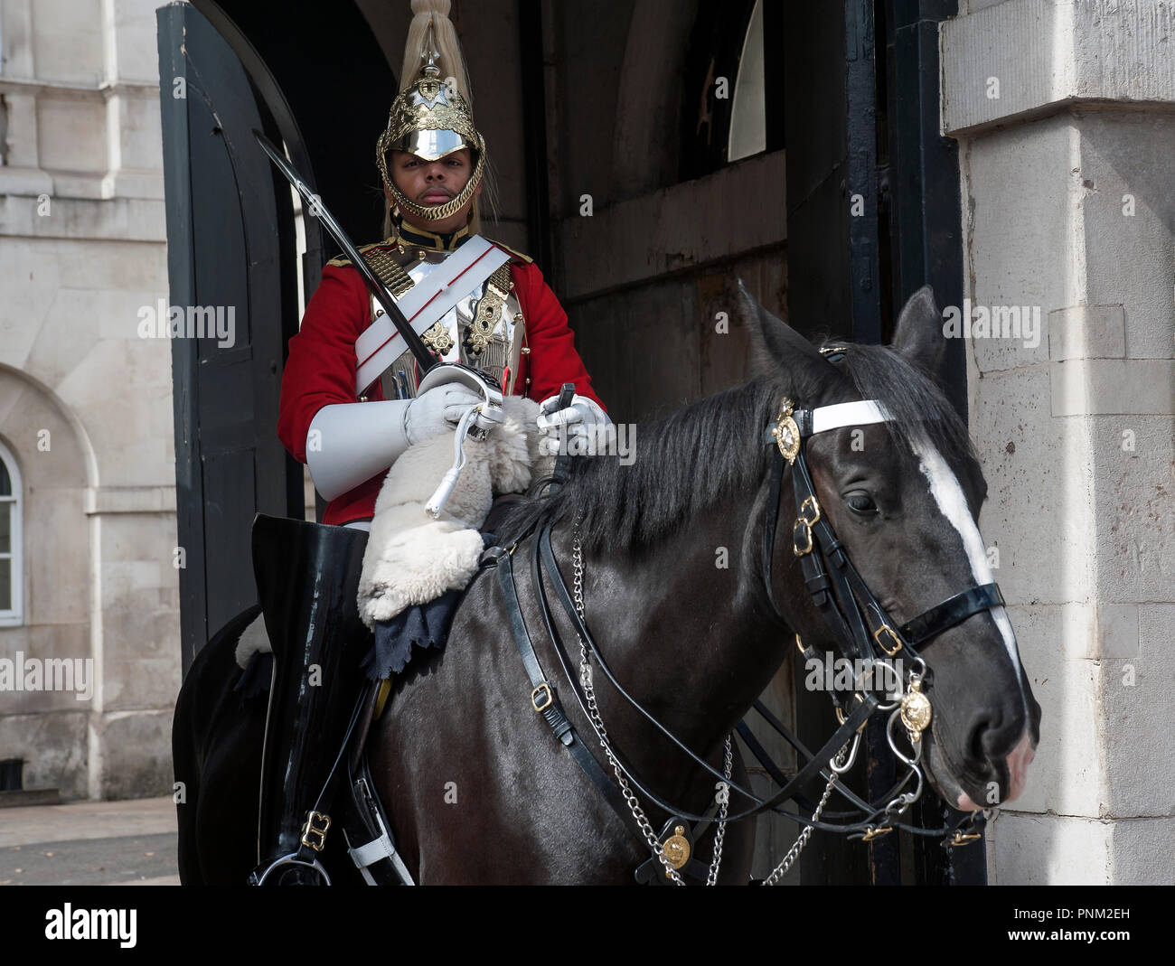 Life Guard Sentry mounted on horse outside Horse Guards Parade, London ...