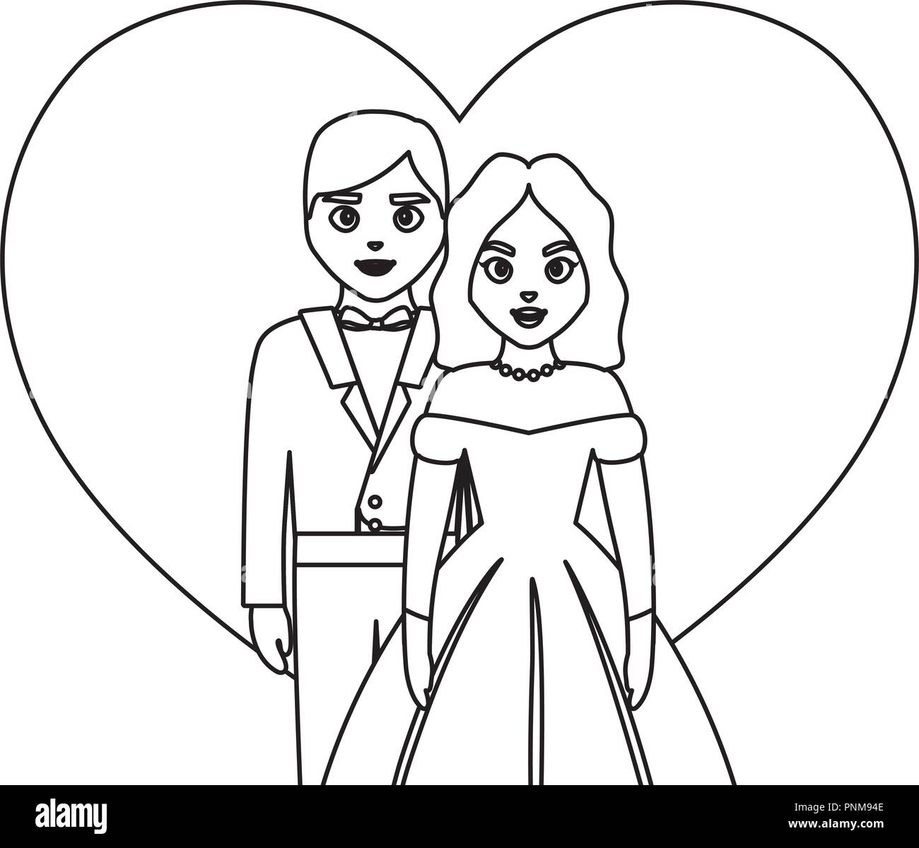 wedding couple bride groom heart love romantic vector illustration thin ...