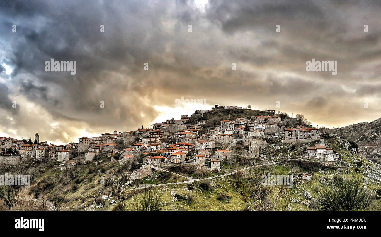 Panoramic view of a beautiful mountain village Dimitsana, Peloponnese ...